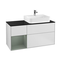 Villeroy & Boch Villeroy und Boch Finion Waschtischunterschrank F142GMMT 120cm, Abdeckplatte Glass Black Matt, Regal links Olive Matt Lacquer, White matt lacquer