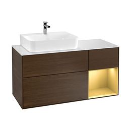 Villeroy & Boch Villeroy und Boch Finion Waschtischunterschrank G151HFGN 120cm, Abdeckplatte white matt, Emotion, Regal links Gold matt, Walnut veneer