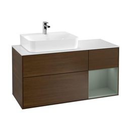 Villeroy & Boch Villeroy und Boch Finion Waschtischunterschrank F151GMGN 120cm, Abdeckplatte white matt, Regal rechts Olive Matt Lacquer, Walnut veneer