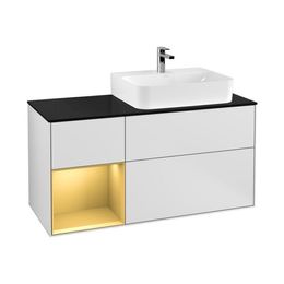 Villeroy & Boch Villeroy und Boch Finion Waschtischunterschrank F142HFMT 120cm, Abdeckplatte Glass Black Matt, Regal links Gold matt, White matt lacquer