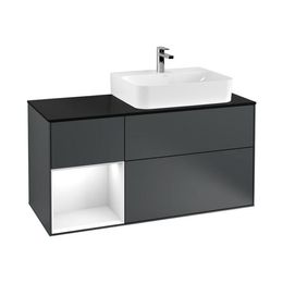 Villeroy & Boch Villeroy und Boch Finion Waschtischunterschrank F142GFHG 120cm, Abdeckplatte Glass Black Matt, Regal links Glossy white lacquer, Midnight Blue Matt Lacquer