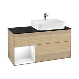 Villeroy & Boch Villeroy und Boch Finion Waschtischunterschrank F142GFPC 120cm, Abdeckplatte Glass Black Matt, Regal links Glossy white lacquer, Oak Veneer