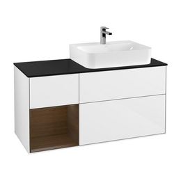 Villeroy & Boch Villeroy und Boch Finion Waschtischunterschrank G142GNGF 120cm, Abdeckplatte black matt, Emotion, Regal links Walnut veneer, Glossy white lacquer