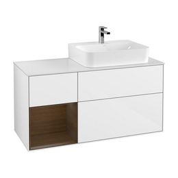 Villeroy & Boch Villeroy und Boch Finion Waschtischunterschrank G141GNGF 120cm, Abdeckplatte white matt, Emotion, Regal links Walnut veneer, Glossy white lacquer