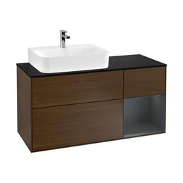 Villeroy & Boch Villeroy und Boch Finion Waschtischunterschrank F152HGGN 120cm, Abdeckplatte black matt, Regal rechts Midnight Blue Matt Lacquer, Walnut veneer
