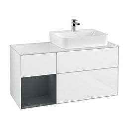 Villeroy & Boch Villeroy und Boch Finion Waschtischunterschrank F141HGGF 120cm, Abdeckplatte glass white Matt, Regal links Midnight Blue Matt Lacquer, Glossy white lacquer