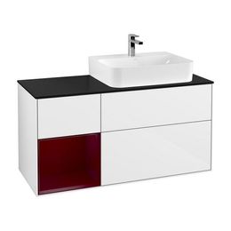 Villeroy & Boch Villeroy und Boch Finion Waschtischunterschrank G142HBGF 120cm, Abdeckplatte black matt, Emotion, Regal links Peony, Glossy white lacquer