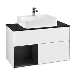 Villeroy & Boch Villeroy und Boch Finion Waschtischunterschrank G112PDGF 100cm, Abdeckplatte black matt, Emotion, Regal links Black matt lacquer, Glossy white lacquer