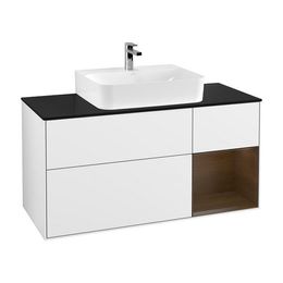 Villeroy & Boch Villeroy und Boch Finion Waschtischunterschrank G172GNGF 120cm, Abdeckplatte black matt, Emotion, Regal rechts Walnut veneer, Glossy white lacquer