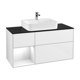Villeroy & Boch Villeroy und Boch Finion Waschtischunterschrank F162GFGF 120cm, Abdeckplatte black matt, Regal links Glossy white lacquer, Glossy white lacquer
