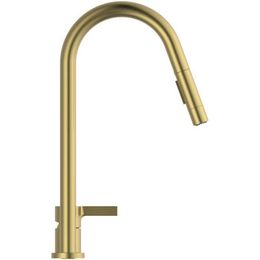 Ideal Standard Gusto K&uuml;chen-2-Loch-Armatur BD424A2 brushed gold, mit hohem Rohrauslauf und herausziehbarer 2-Funktionshandbrause