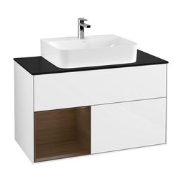 Villeroy & Boch Villeroy und Boch Finion Waschtischunterschrank F112GNGF 100cm, Abdeckplatte white matt, Regal links Walnut veneer, Glossy white lacquer