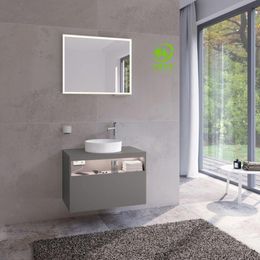 KEUCO Stageline Waschtisch-Unterschrank 32865290100 80 x 55 x 49 cm, Lack Inox Seidenmatt, Glas Inox satiniert, mit Elektrik, Hahnlochbohrung rechts