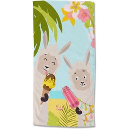 Strandtuch Good Morning, B:75cm L:150cm, bunt, Microfaser, Obermaterial: 100% Polyester, Handtücher, "Happy Lamas", Mikrofaser, 75x150,