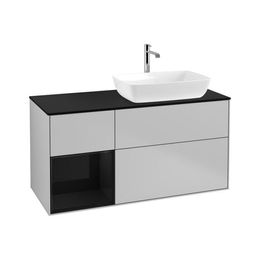 Villeroy & Boch Villeroy und Boch Finion Waschtischunterschrank G802PHGJ 120cm, Abdeckplatte black matt, Emotion, Regale Glossy black lacquer, Light grey matt