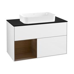 Villeroy & Boch Villeroy und Boch Finion Waschtischunterschrank G242GNGF 100cm, Abdeckplatte black matt, Emotion, Regal links Walnut veneer, Glossy white lacquer