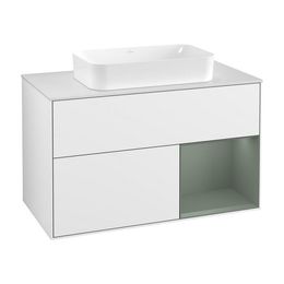 Villeroy & Boch Villeroy und Boch Finion Waschtischunterschrank F251GMGF 100x60,3cm, Abdeckplatte white matt, Regal rechts Olive Matt Lacquer, Glossy white lacquer