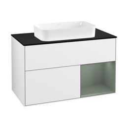 Villeroy & Boch Villeroy und Boch Finion Waschtischunterschrank F252GMGF 100x60,3cm, Abdeckplatte black matt, Regal rechts Olive Matt Lacquer, Glossy white lacquer