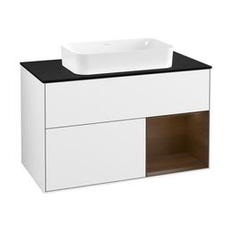 Villeroy & Boch Villeroy und Boch Finion Waschtischunterschrank G252GNGF 100cm, Abdeckplatte black matt, Emotion, Regal rechts Walnut veneer, Glossy white lacquer