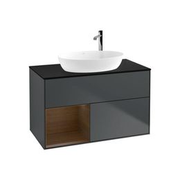 Villeroy & Boch Villeroy und Boch Finion Waschtischunterschrank F892GNHG 100cm, Abdeckplatte black matt, Regale Walnut Veneer, Midnight Blue Matt Lacquer