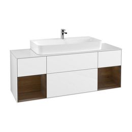 Villeroy & Boch Villeroy und Boch Finion Waschtischunterschrank G211GNGF 160cm, Abdeckplatte white matt, Emotion, Regale Walnut veneer, Glossy white lacquer