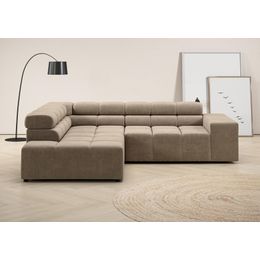 Ecksofa Inosign, B:249cm H:70cm T:215cm, beige, 100% Polyester, Wohnzimmer, Sofas, "Ancona, incl. Kopfteilverstellung + 3 Zierkissen, L-Form, Breite
