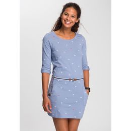 Kangaroos Damen Jerseykleid, blau, Gr. 32, bedruckt, kontrastfarbene Details, Single Jersey, Obermaterial: 100% Baumwolle. Gürtel: 100% Baumwolle,
