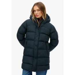 Superdry Damen Steppjacke "HOODED SPORTS PUFFER MID JKT", blau, Gr. XS, unifarben, Web, Obermaterial: 100% Polyester, Jacken