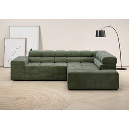 Ecksofa Inosign, B:249cm H:70cm T:215cm, grün, 95% Polyester, 5% Nylon, Wohnzimmer, Sofas, "Ancona, incl. Kopfteilverstellung + 3 Zierkissen, L-Form,