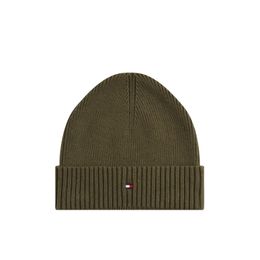 Tommy Hilfiger Damen Strickm&uuml;tze "TH FLAG PIMA COTTON BEANIE"foxhunt gr&uuml;n, Baumwollmischung, M&uuml;tzen, Beanie mit Logostickerei, mit Kaschmiranteil