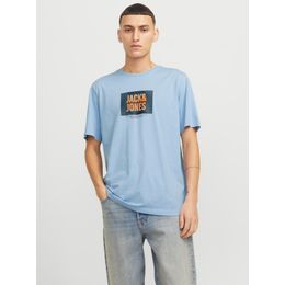 Jack & Jones JACK & JONES Herren Print-Shirt "JJHUDSON &ndash; Print-Shirt mit Rundhals und Loose Fit", blau, Gr. S, bedruckt, Jersey, Obermaterial: 100% Baumwolle,