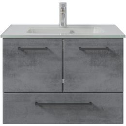 Badm&ouml;bel-Set SAPHIR, grau, Kastenm&ouml;bel-Sets, "Quickset 945 Glas-Waschtisch mit Unterschrank, 74 cm breit, Waschplatz", 2 T&uuml;ren, 1 Schublade, inkl.