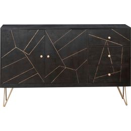 Sideboard GUTMANN FACTORY, B:145cm H:88cm T:43cm, schwarz, Massivholz, Wohnzimmer, Sideboards, Kommode mit modernen Haarnadel Beinen, Breite 145 cm