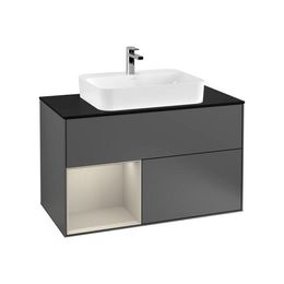 Villeroy & Boch Villeroy und Boch Finion Waschtischunterschrank F362HHGK 100cm, Abdeckplatte black matt, Regal links Sand Matt Lacquer, Anthracite matt