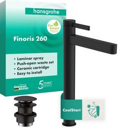Hansgrohe Finoris Einhebel-Waschtischarmatur 76072670 mit Push-Open-Ablaufgarnitur, Ausladung 208mm, schwarz matt