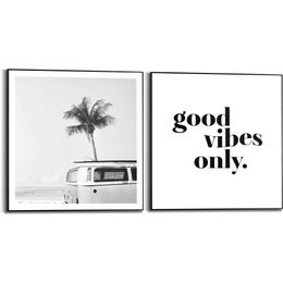 Bild mit Rahmen Reinders, B:50cm H:50cm, schwarz, MDF, Wohnzimmer, Bilder, "Das gute Leben Vintage VW Bully - Strand - Surfen"
