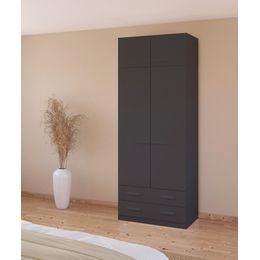 Drehtürenschrank Rauch, B:91cm H:236cm T:54cm, grau, Holzwerkstoff, Schränke, "Prandon B", mit 2 Schubladen sowie Aufsatzelement, Metallgriffe quer