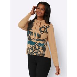 WITT Damen Sweatshirt mit Stehkragen, camel-schwarz-bedruckt, Größe 38