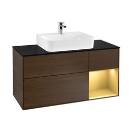 Villeroy & Boch Villeroy und Boch Finion Waschtischunterschrank F172HFGN 120cm, Abdeckplatte black matt, Regal rechts Gold matt, Walnut veneer