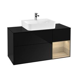 Villeroy & Boch Villeroy und Boch Finion Waschtischunterschrank F172PCPH 120cm, Abdeckplatte black matt, Regal rechts Oak Veneer, Glossy Black Lacquer