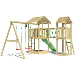 Jungle Gym Kinder Spielturm "Nova", grün, Holzwerkstoff, B:524cm H:280cm T:350cm, Spieltürme, Spielanlage mit 2 Türmen, Schaukel und Rutsche mit