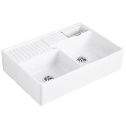 Villeroy & Boch Villeroy und Boch Sp&uuml;lstein Doppelbecken 632391RW Ablaufgarnitur, Handbet&auml;tigung, Resteschale, Stone White
