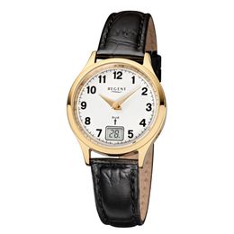 Regent Uhren REGENT Damen Funkuhr, schwarz, Armbanduhren, Quarzuhr, Armbanduhr, Damenuhr, Lederarmband, analog, digital