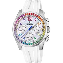 Festina Damen Chronograph "Boyfriend Collection", wei&szlig;, Armbanduhren, Armbanduhr, Quarzuhr, Damen, Stoppfunktion, Zirkonia Regenbogenfarben