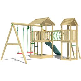 Jungle Gym Kinder Spielturm "Nova", grün, Holzwerkstoff, B:524cm H:280cm T:350cm, Spieltürme, Spielanlage mit 2 Türmen, Schaukel und Rutsche mit
