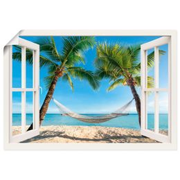 Wandbild Artland, B:130cm H:90cm, weiß, Wohnzimmer, Bilder, "Fensterblick Palmenstrand Karibik", als Alubild, Outdoorbild, Leinwandbild, Poster,
