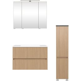 Badmöbel-Set Welltime, B:110cm H:200cm T:47cm, braun, Spanplatte, Kastenmöbel-Sets, "EIXO, Set aus Spiegelschrank, Waschtisch und Midischrank", Set
