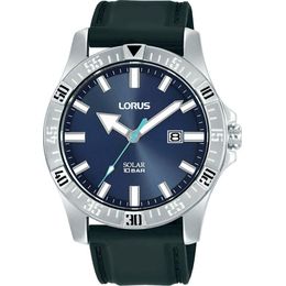 Lorus Damen Solaruhr, schwarz, Armbanduhren, Armbanduhr, Herrenuhr, Silikonarmband, analog, Datum, Leuchtindizes
