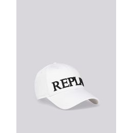 Replay Herren Baseball Cap, wei&szlig;, kontrastfarbene Details, Materialmix, Caps, mit gro&szlig;em Logo-Schriftzug