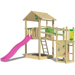 Jungle Gym Kinder Spielturm "Fortress", pink, Holzwerkstoff, B:373cm H:318cm T:397cm, Spieltürme, Spielanlage mit 2 Türmen, Brücke und Rutsche mit
